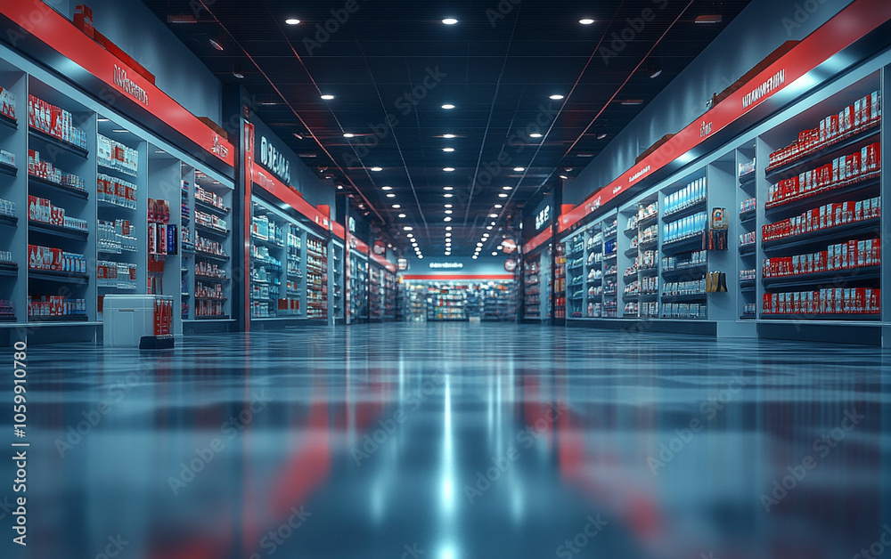 Blurry shopping shelves in supermarkets and department stores realistic ...