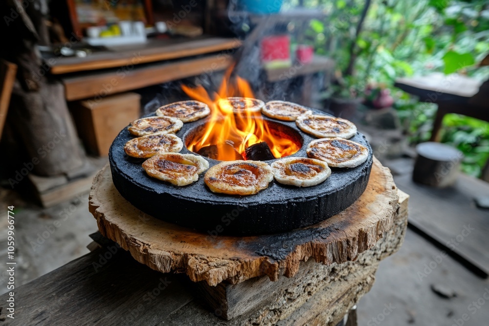 Boiling pot over an open fire in a rustic kitchen, capturing the ...