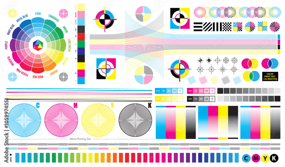 Set illustration of CMYK Print Test Calibration Chart for CTP Printing ...