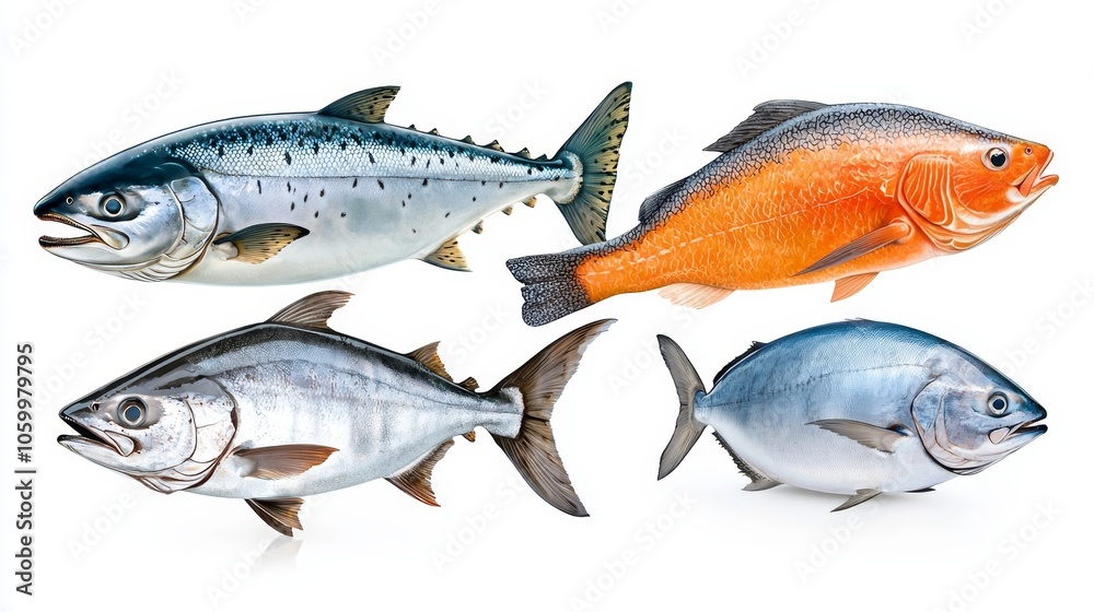 Variety of Realistic Fish Types - Salmon, Tuna, and Cod on White ...