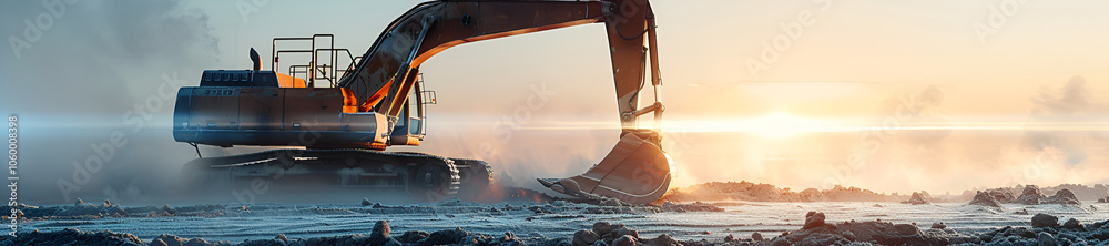 Foto de Stock Sunset over open pit mining A showcase of heavy equipment ...