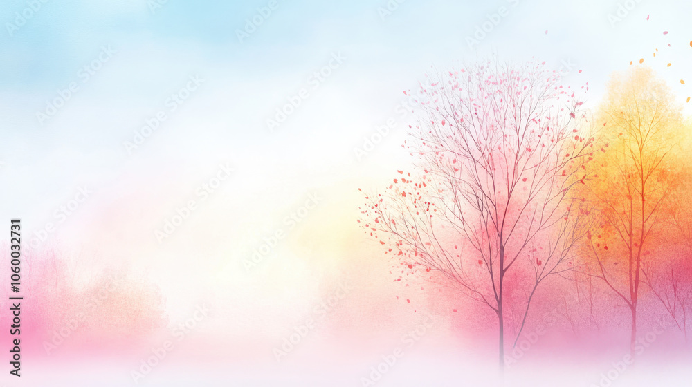 serene landscape featuring soft pastel colors, trees with autumn leaves ...