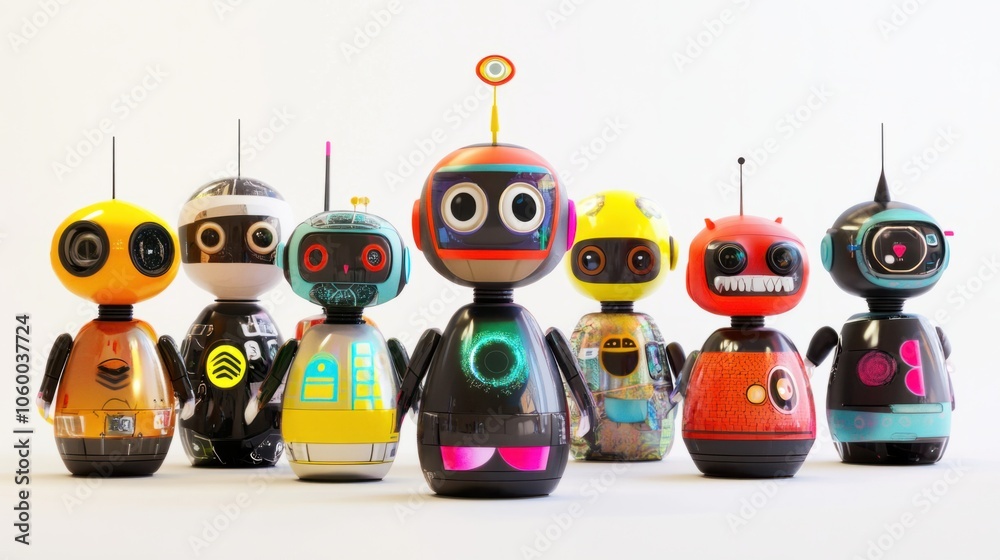 Group of AI robots with expressive digital faces and humanoid designs ...