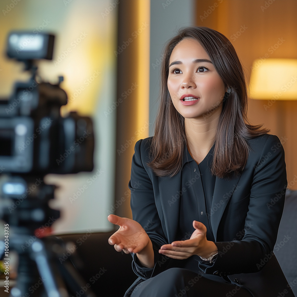 Female Host In A Suit Engaging In A Lively Discussion, Captured On A ...