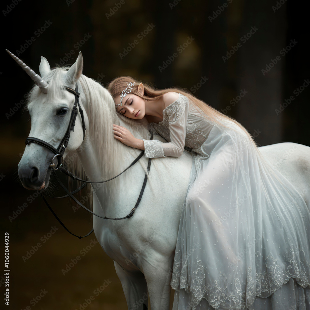 Beautiful young elf with a unicorn, angel is wearing an incredible ...