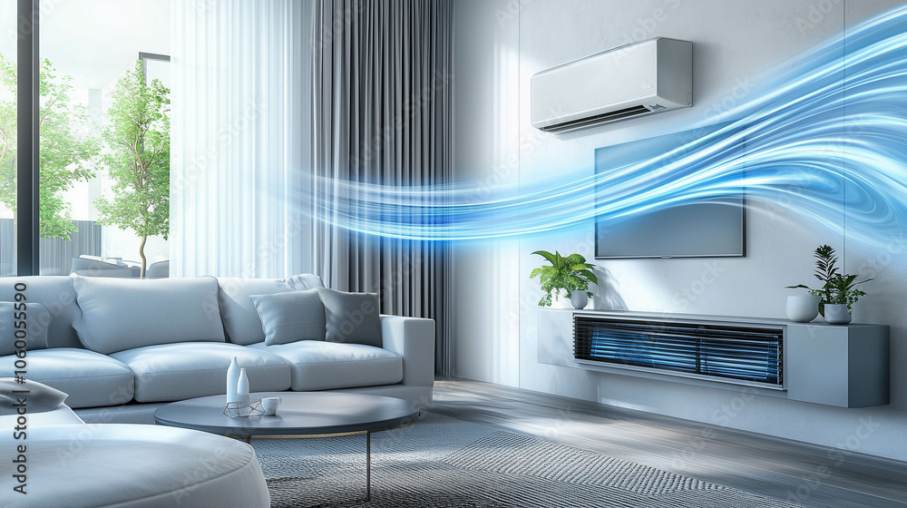 Air conditioner with fresh and cool flow wide waves around in living ...