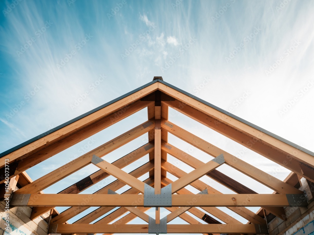 Modern Wooden Roof Truss with Blue Sky Background, Architectural ...