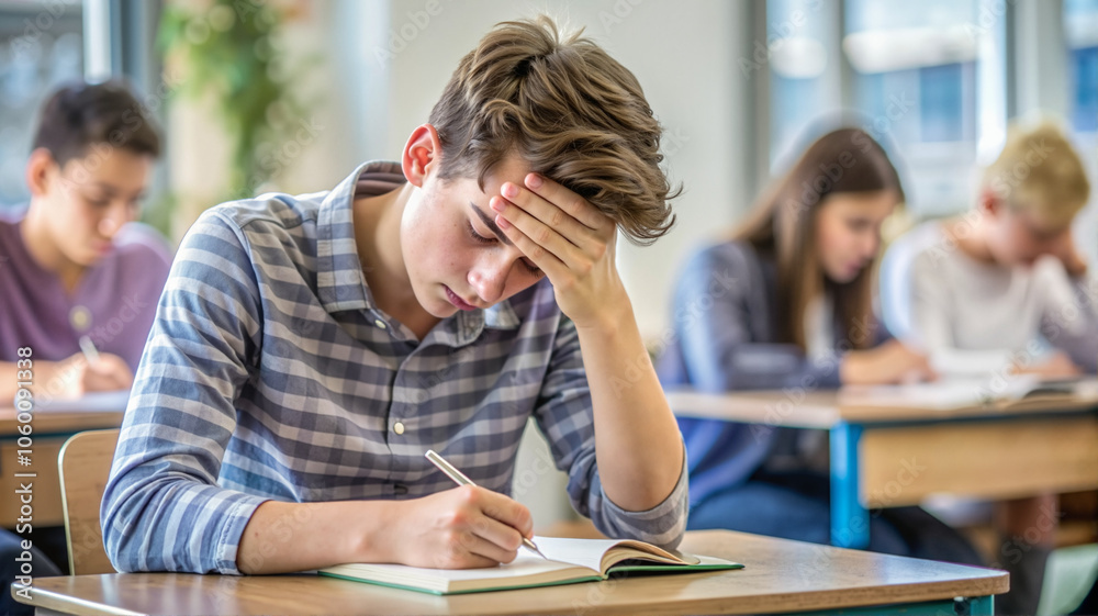 Teen boy stressed while writing in classroom, holding head in ...