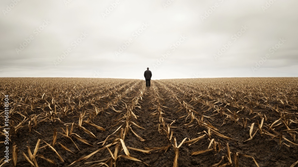 Devastated Farmer Surveying Dead Crops in Field Under Gray Sky, Concept ...