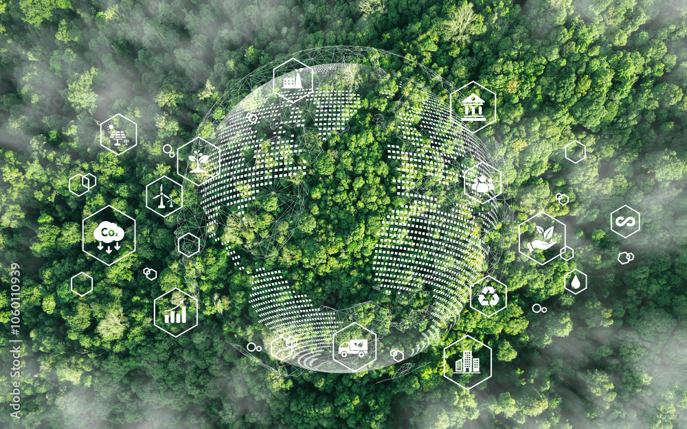 Aerial top view of green forest with icon sustainable environment ...