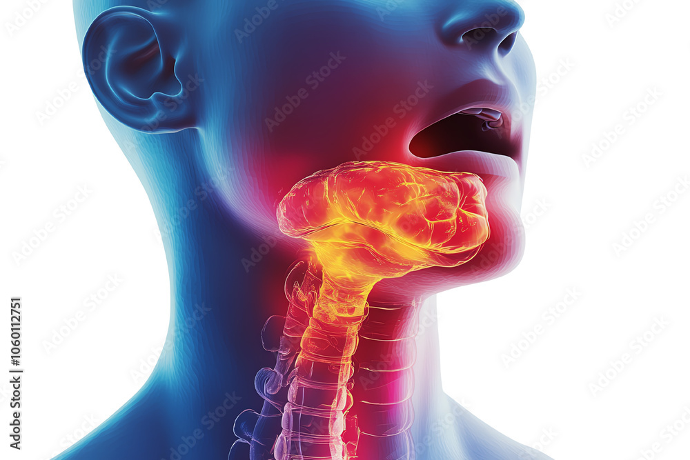 Anatomical illustration of the human throat with highlighted structures ...
