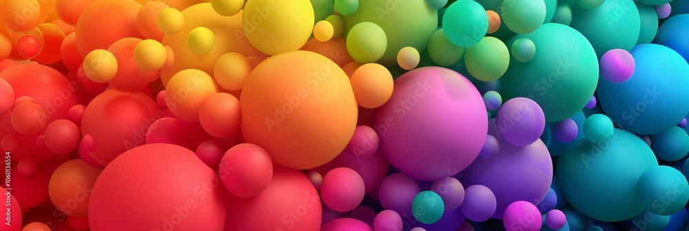 rainbow of colored balls waving from left to right, multiple size of ...