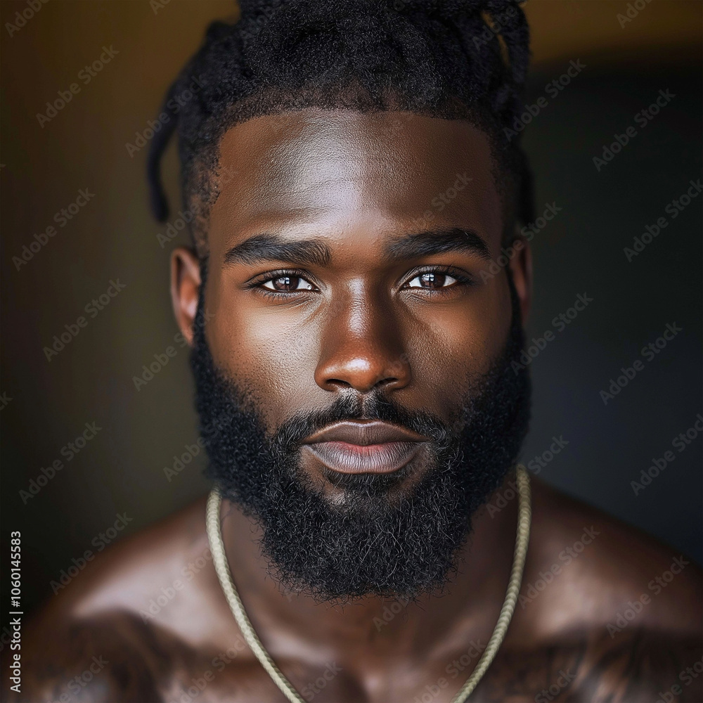 Muscular man with intense gaze and tousled hair.Portrait of black ...