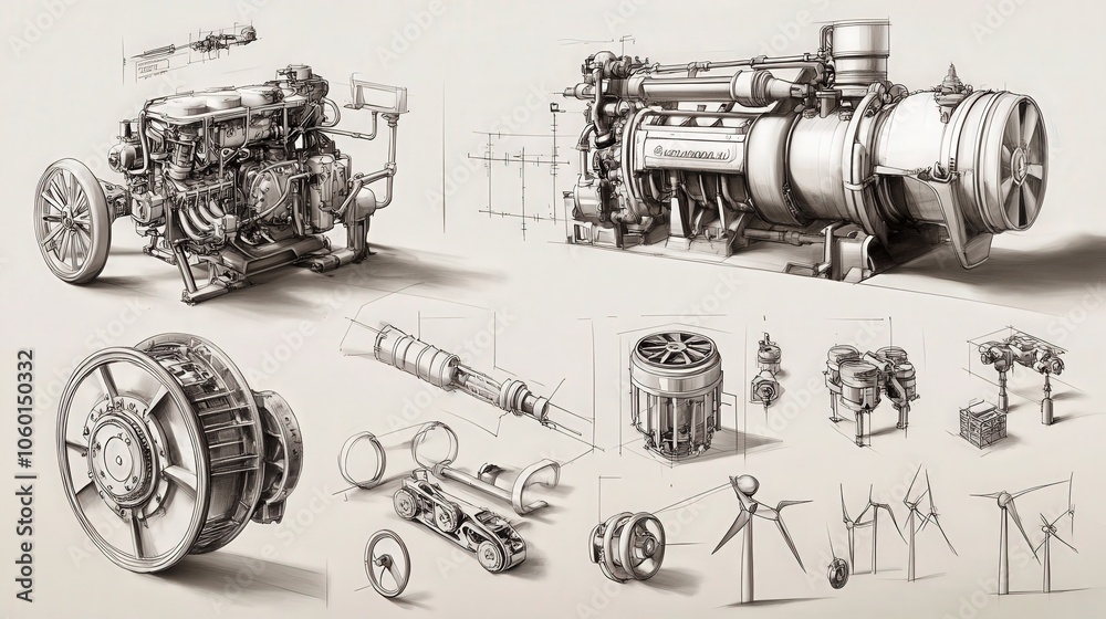 A set of drawings showcasing different engine types, including a diesel ...