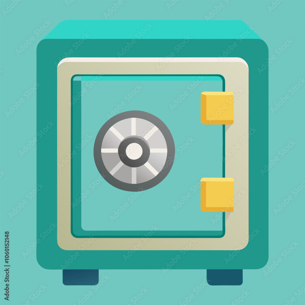 A cartoon illustration of a green safe with a combination lock and a ...