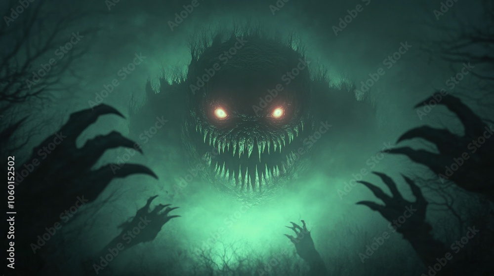Grotesque monsters with evil faces, hellish Halloween scene, dark ...