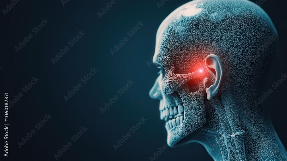 Closeup of medical diagram showing ear anatomy, red marks on eardrum ...