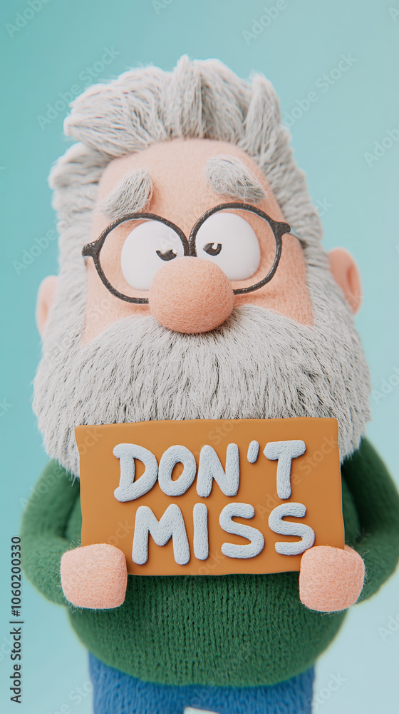Bearded Elderly Cartoon Character Holding 'Don't Miss' Sign in Friendly ...