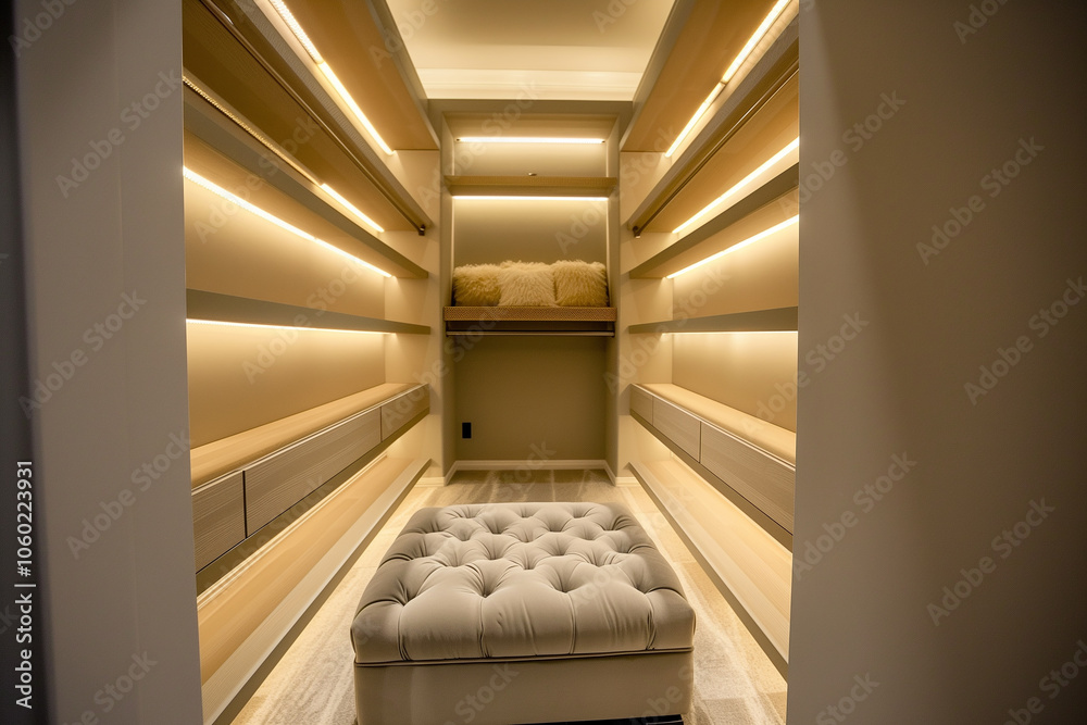 Sleek walk-in closet with backlit shelves, a plush ottoman, and ...