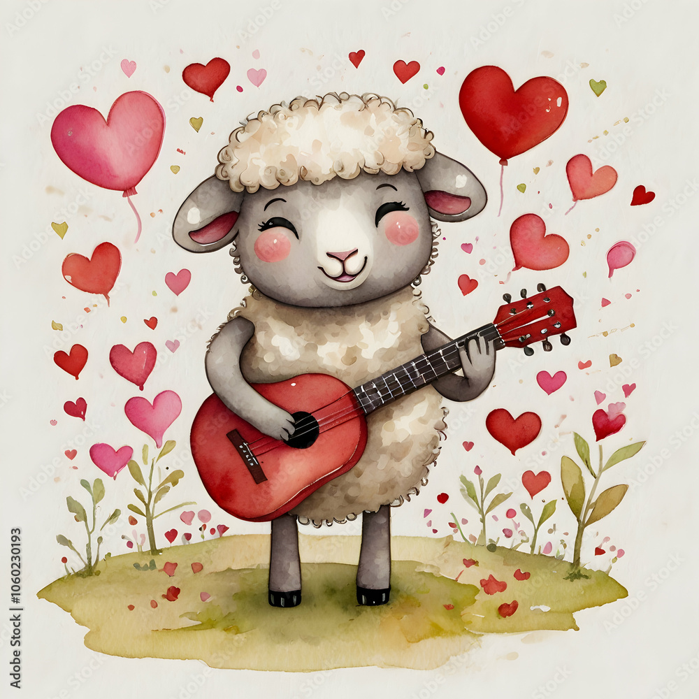 This charming watercolor-inspired image shows a cute cartoon sheep ...