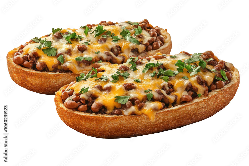 Molletes with refried beans and melted cheese, PNG isolated on ...