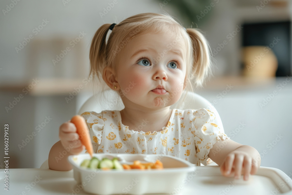 Baby girl eating finger food and mix vegetable plate. Baby led weaning ...