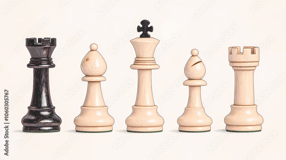 This image captures a selection of chess pieces including a black rook ...