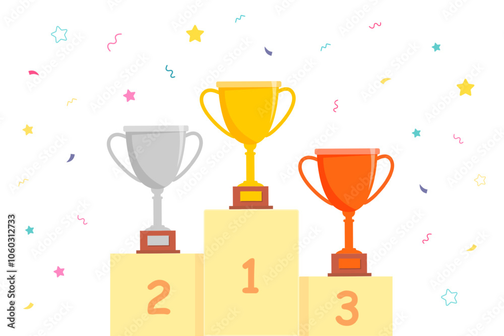 Winner podium with gold, silver, bronze trophy cups and confetti. Award ...