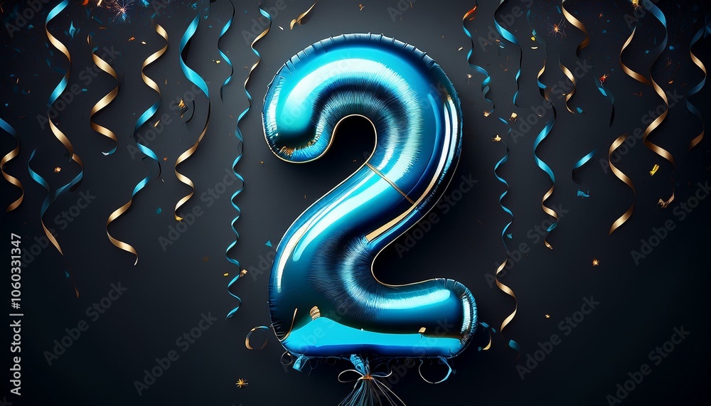 Blue birthday / anniversary balloon, number 2, black background with ...