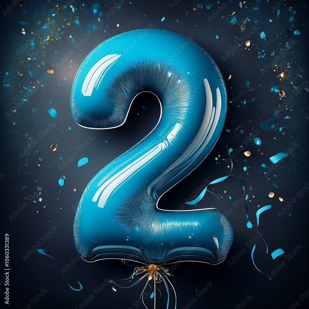 Blue birthday / anniversary balloon, number 2, black background with ...