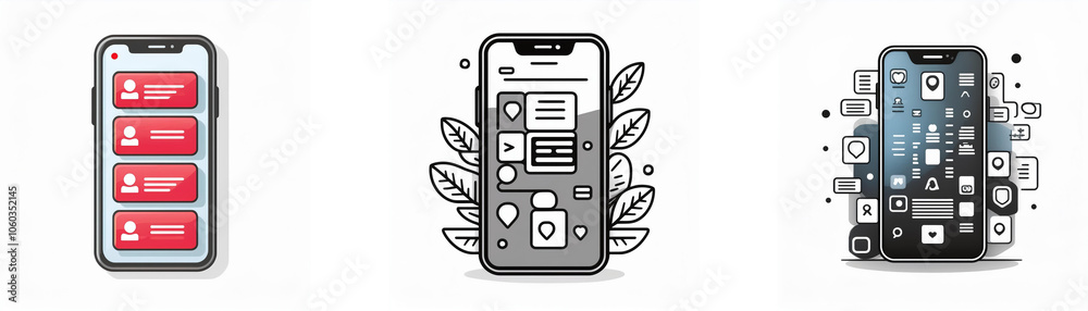 Three smartphone illustrations, one with a list of red buttons, one ...