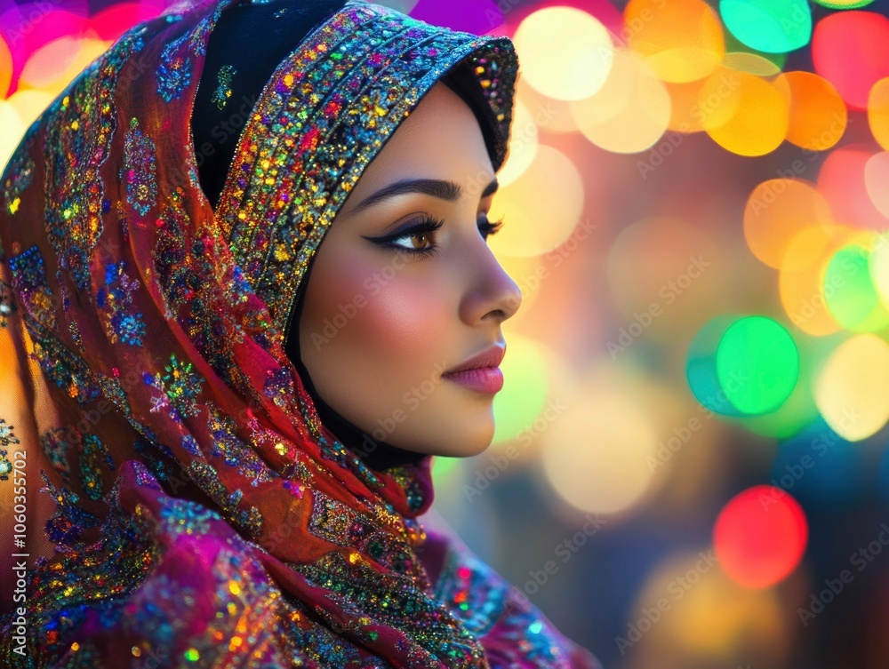 Muslim woman in traditional dress during Eid celebration with vibrant ...
