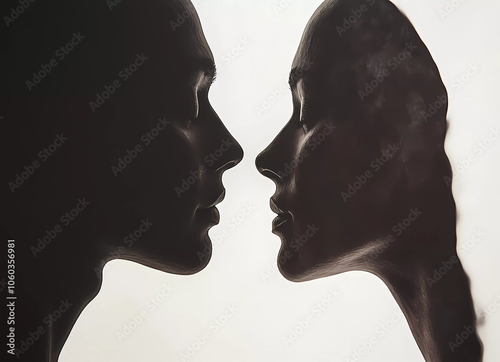 A silhouette of two faces facing each other, with the man's face ...