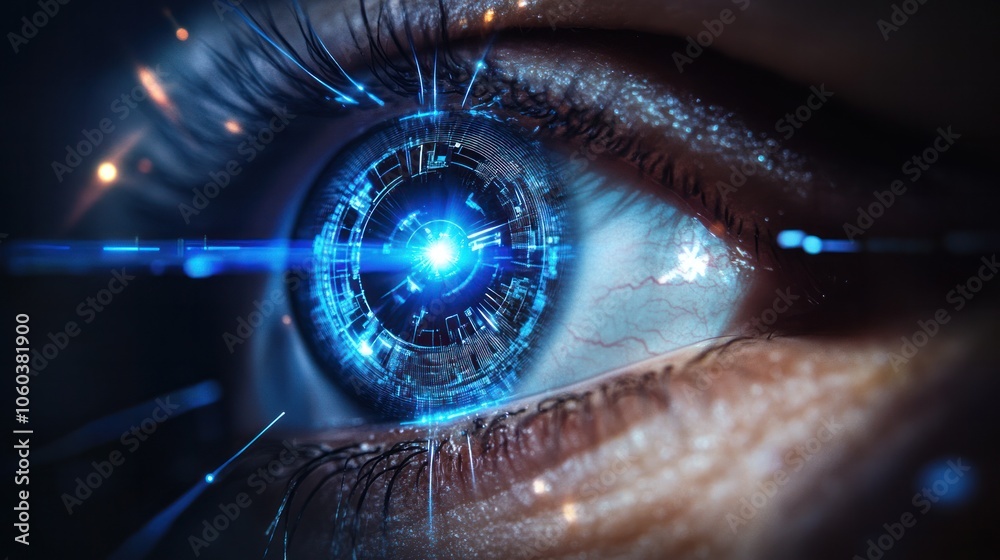 A futuristic view of a human eye with a blue electronic light beam ...