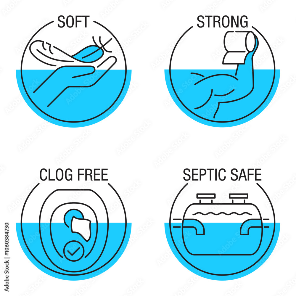 Toilet paper features icons - Soft, Strong, Clog-free, Septic-safe, in ...