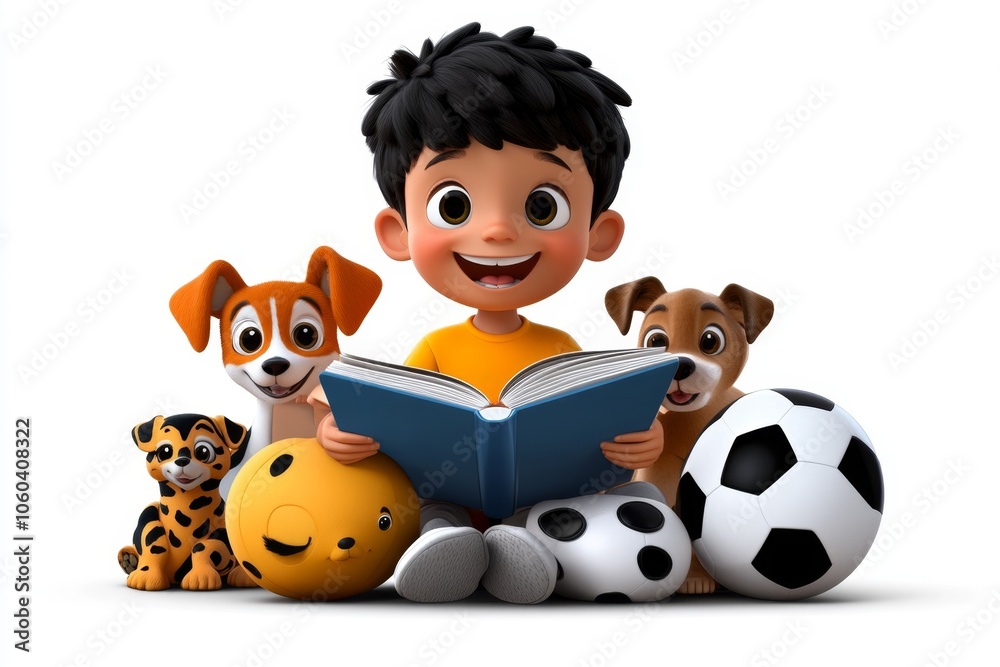 a 2D cartoon illustration of a child reading an animal encyclopedia ...