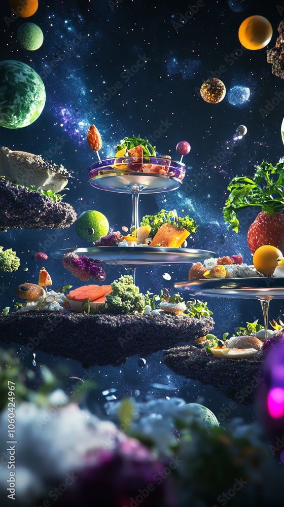 Surreal cosmic landscape with floating planets made of fruits and ...