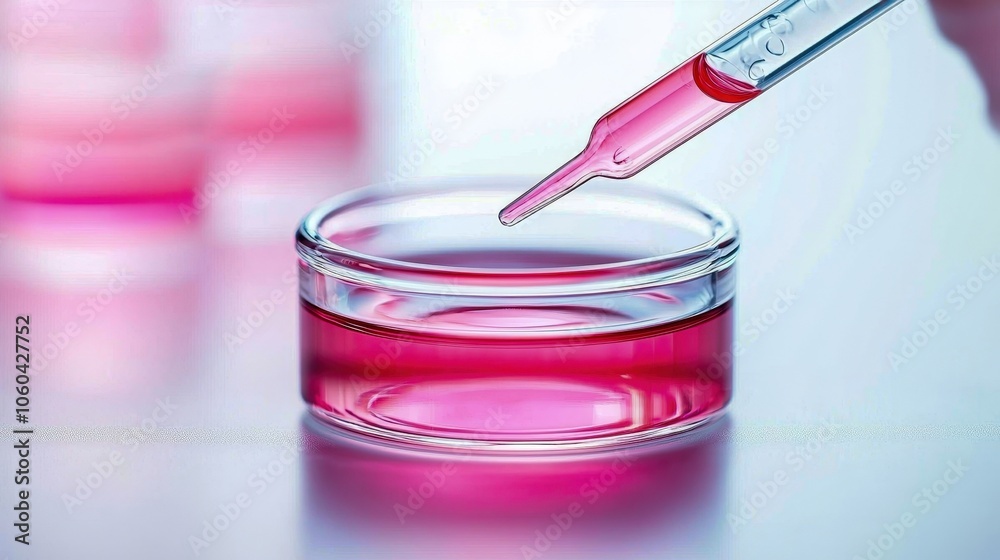 Dropper adding pink liquid to glass dish, laboratory setting, chemical ...