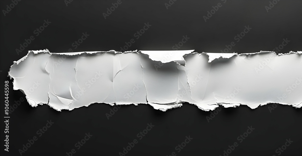 One piece of ripped white paper on a black background, a horizontal ...