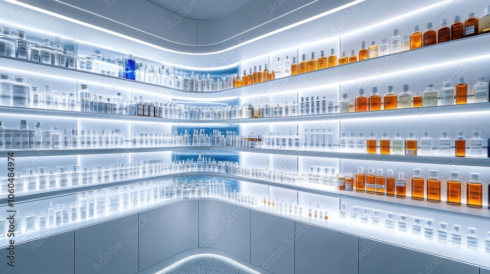 Chemical storage bottles labeled and arranged neatly on lab shelves ...