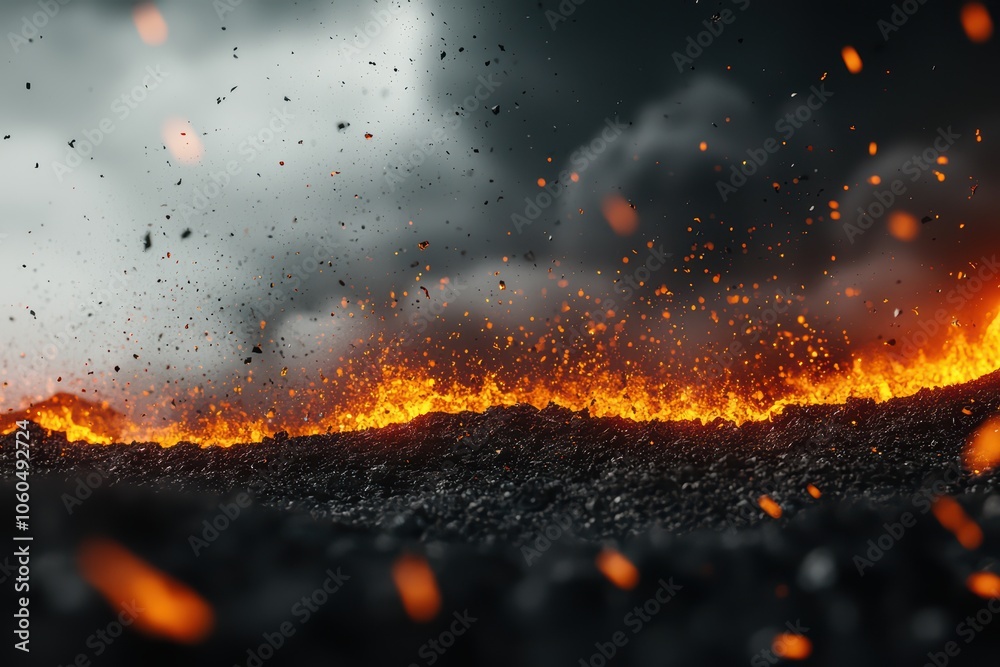 Lava flowing on dark ground, with sparks flying against a smoky ...