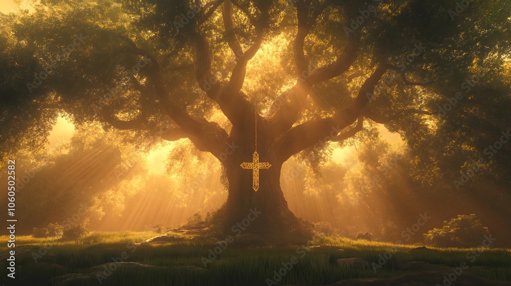 Sacred Tree of Life: Christian Cross in Ancient Oak with Divine Light ...