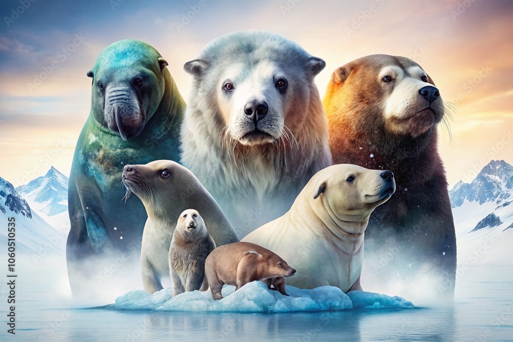 Ilustración de Stock Cute Arctic and Polar Animals Double Exposure Art ...