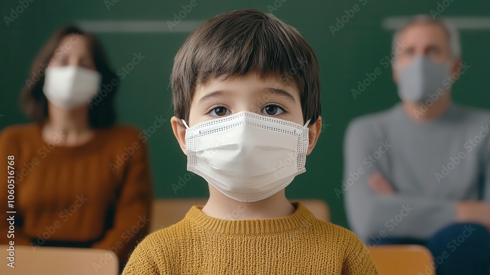 Child wearing a mask in a classroom, with worried parents watching from ...