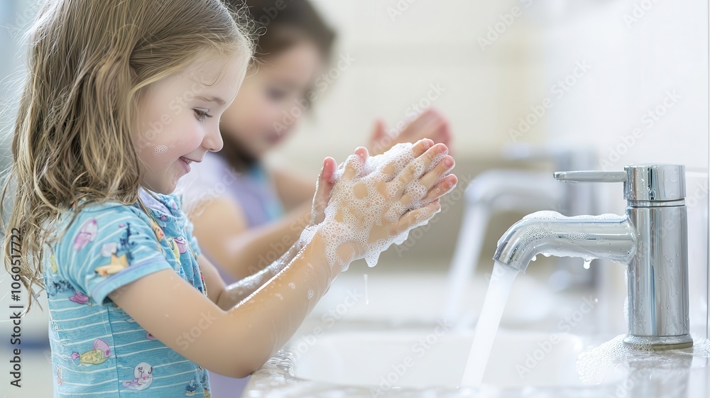 Foto de Stock Children washing hands in the school bathroom, practicing ...