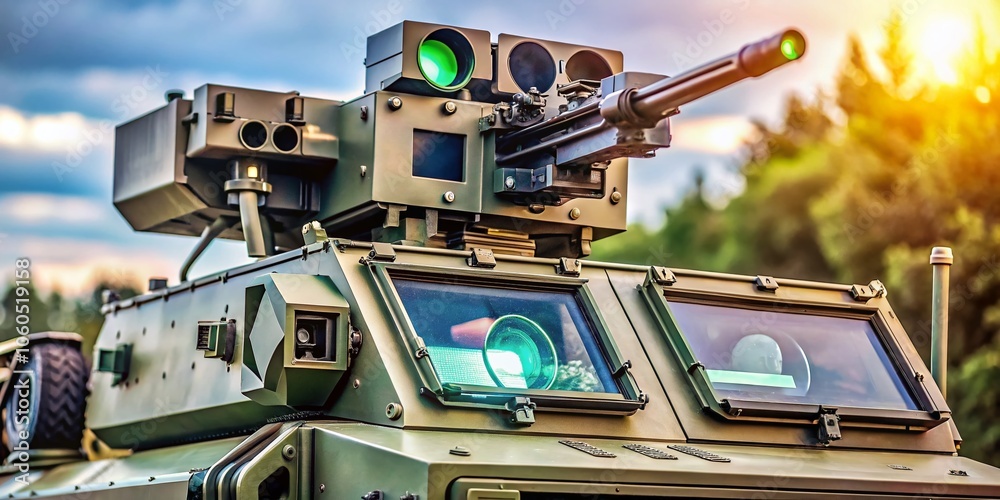 Detailed view of cutting-edge anti-drone laser defense mounted on an ...