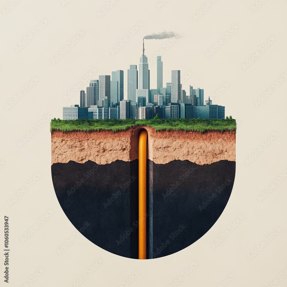 A circular cross-section reveals a city skyline above and soil layers ...