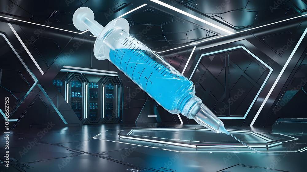 "Giant translucent syringe filled with blue insulin in a sleek, high ...