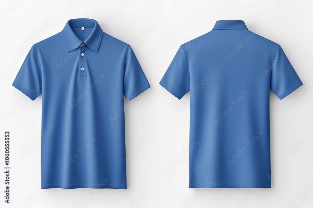 Front and back view of neutral blue polo shirt on white background ...