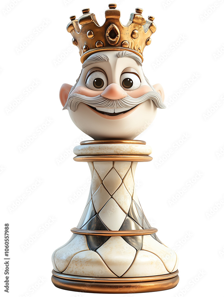 3d cartoon white King chess piece with a smiling face on transparent ...